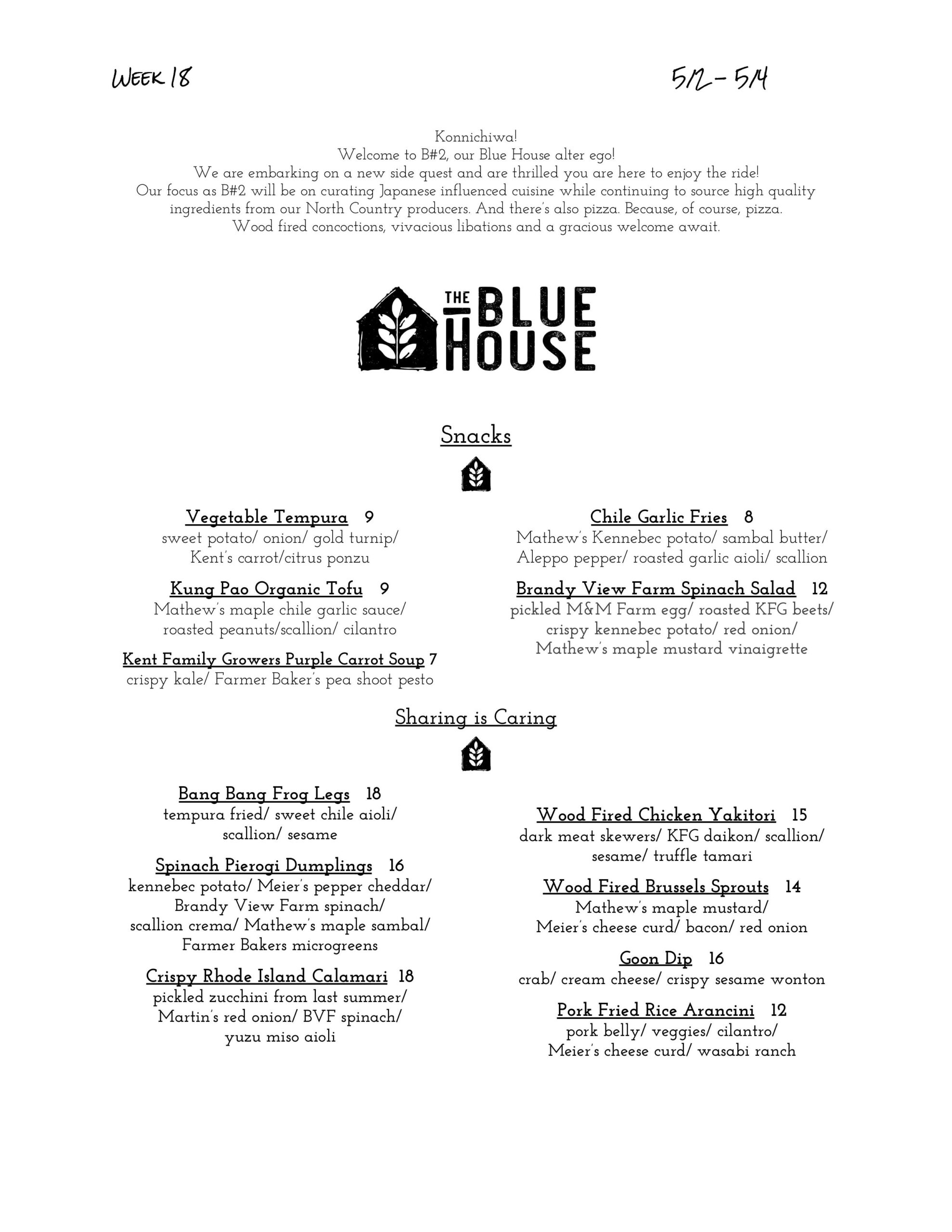 The Blue House - Our Weekly Menu
